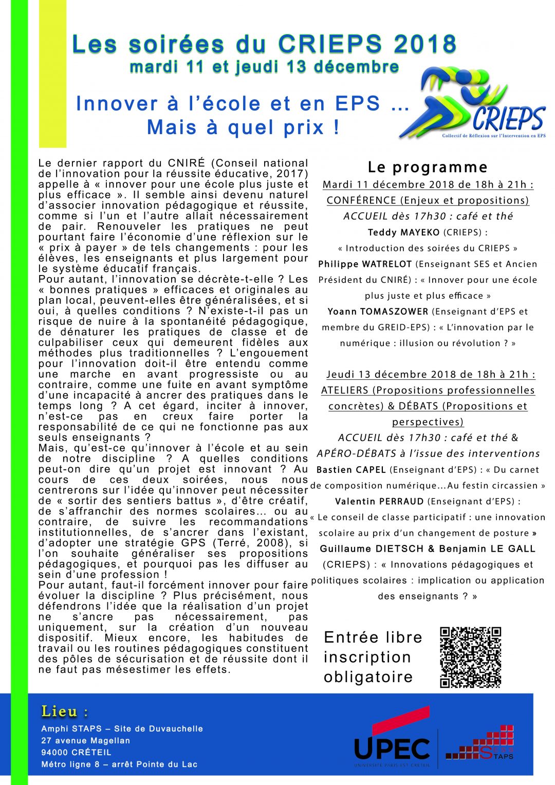 [Soirées du CRIEPS] "Innover à l'école et en EPS: à quels prix ...